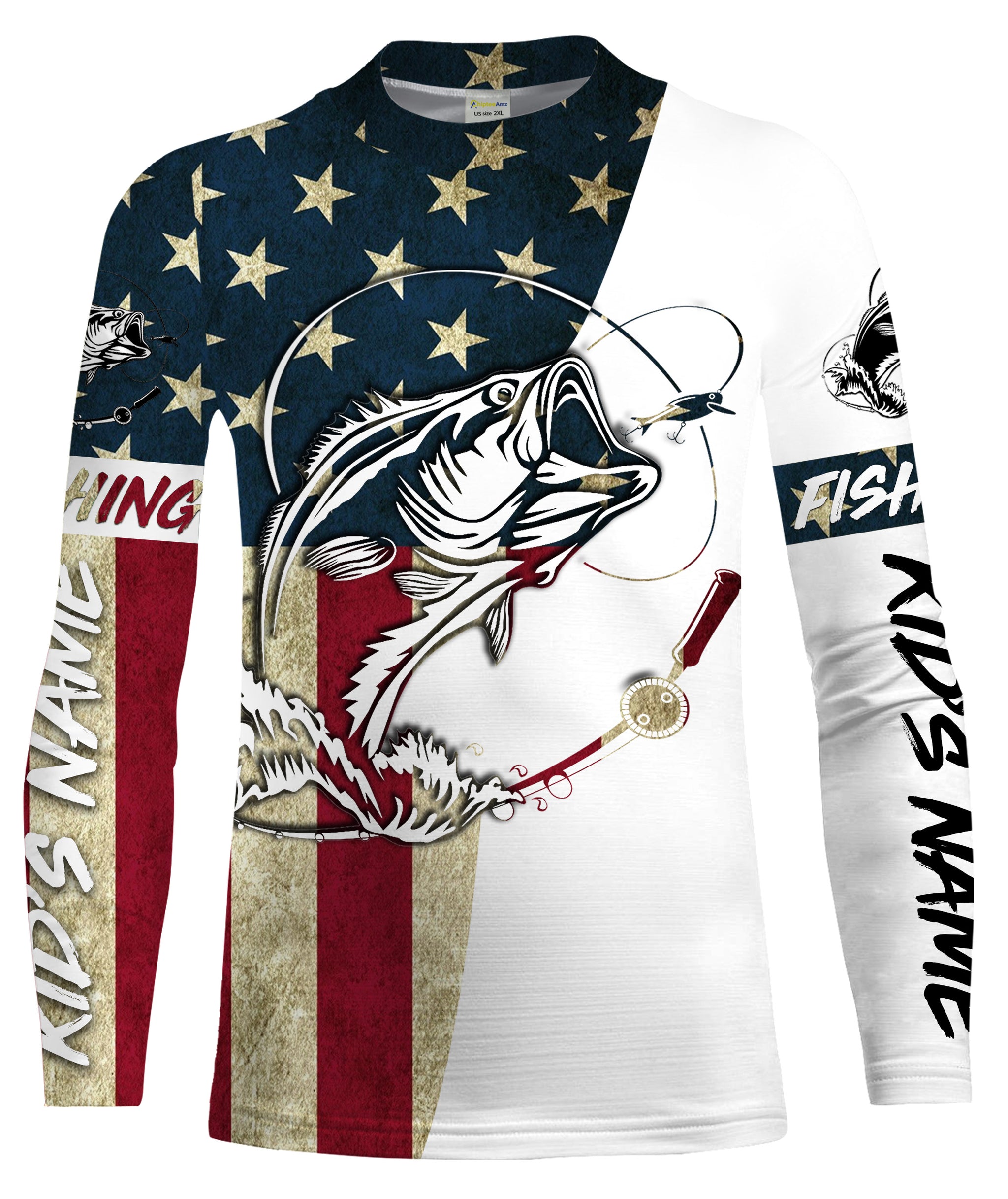Personalized Bass Fishing American Flag Kid Long Sleeve Fishing Shirts