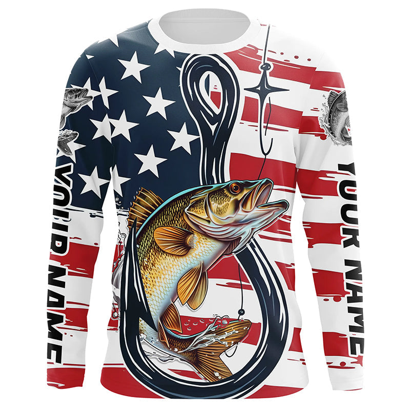 US Flag Fish Hook Custom Patriotic Walleye Long Sleeve Fishing Shirts,