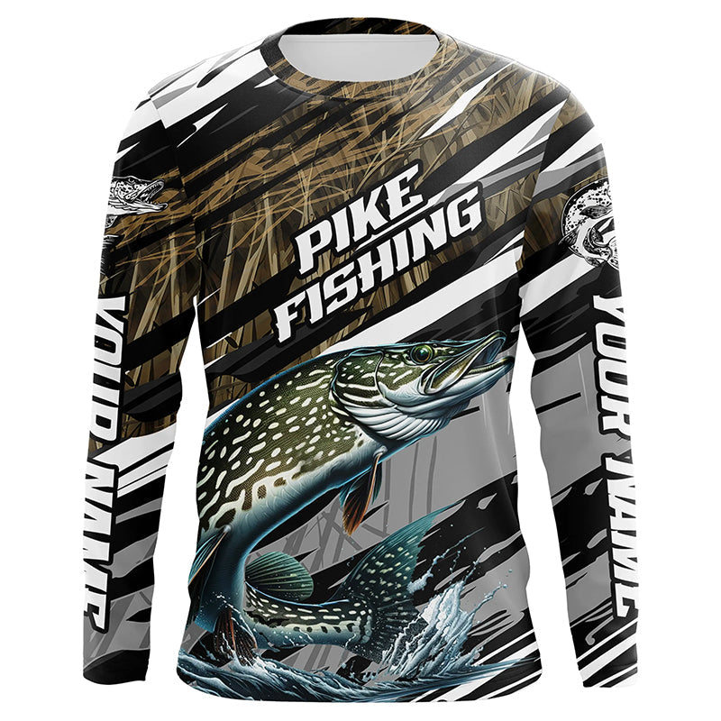 Pike Fishing Grass Camo Custom Long Sleeve Shirts, Pike Uv Protection