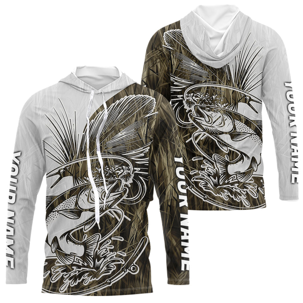 Custom Trout Fly Fishing Camo Long Sleeve Hooded Fishing Shirts, Fly B