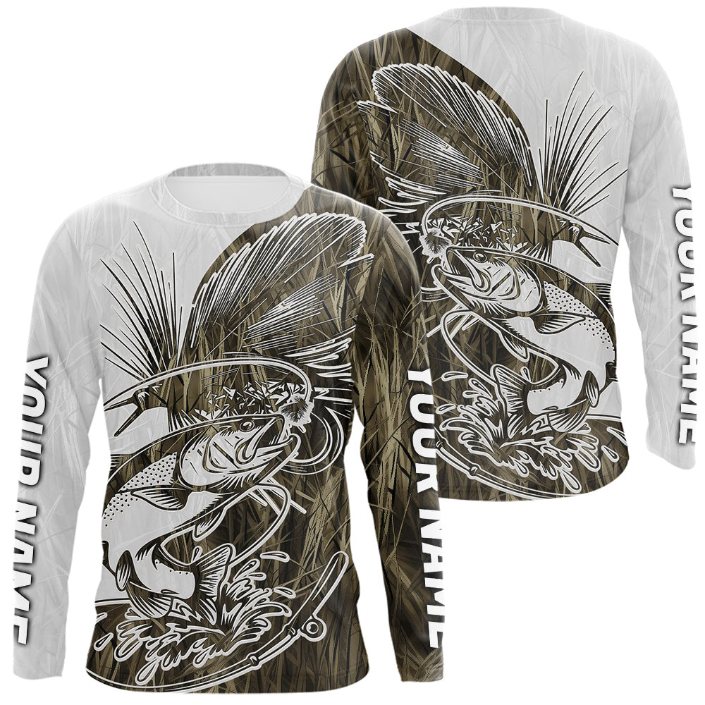 Custom Trout Fly Fishing Camo Long Sleeve Fishing Shirts, Fly Bait Tro