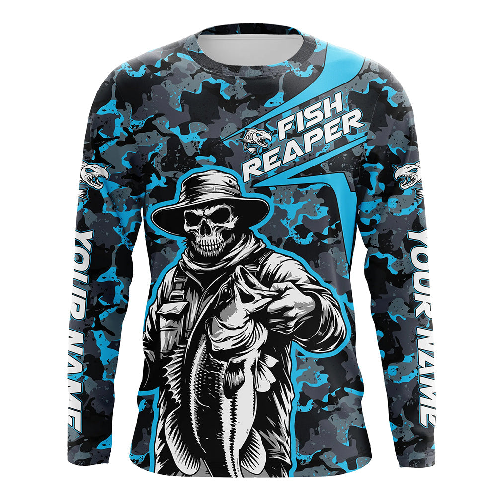 Custom Fish Reaper Skull Bass Long Sleeve Fishing Shirt, Bass Hunter B