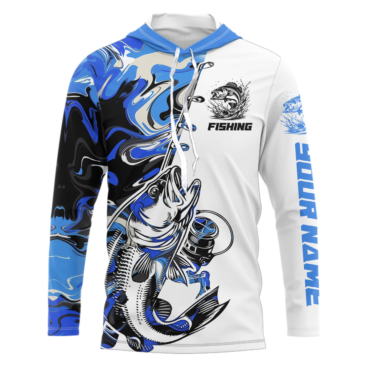 Personalized Largemouth Bass Fishing Blue Camo Long Sleeve Hooded Fish