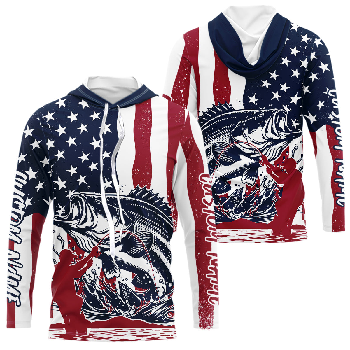 Custom Patriotic Largemouth Bass Long Sleeve Hooded Fishing Shirt, Ame