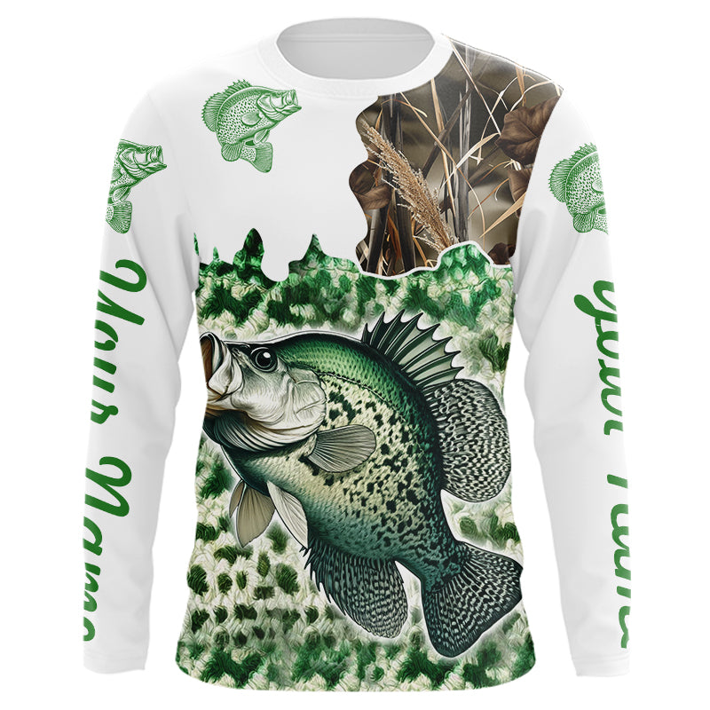 Crappie fishing green scales camo Custom name Long sleeve fishing shir