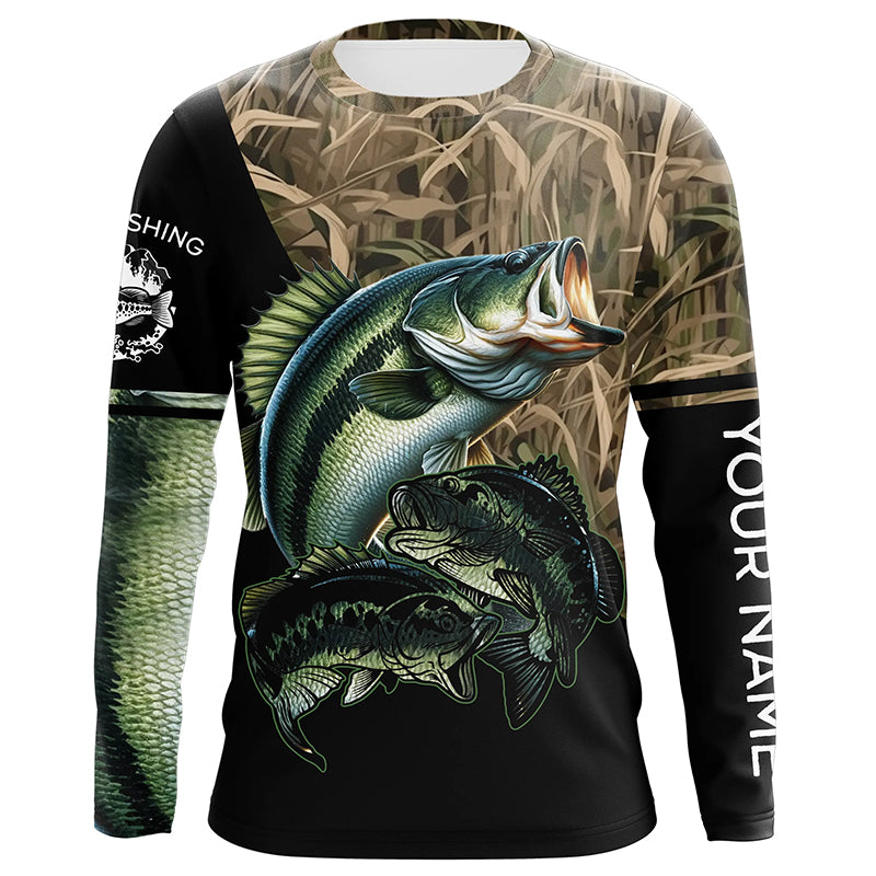 Bass fishing green scales camo Custom name bass Long sleeve fishing sh