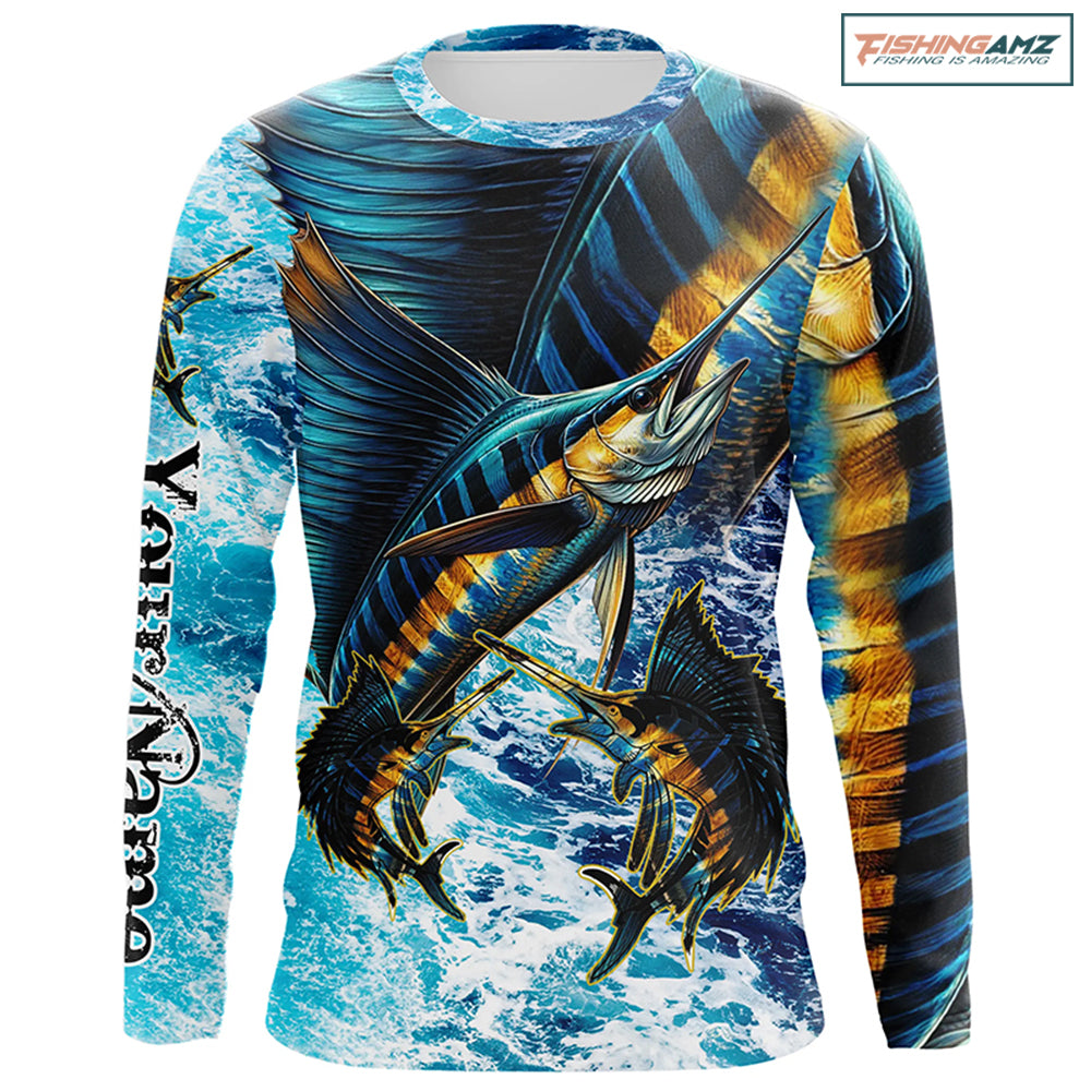 Personalized Sailfish fishing scales blue sea water camo long sleeve F