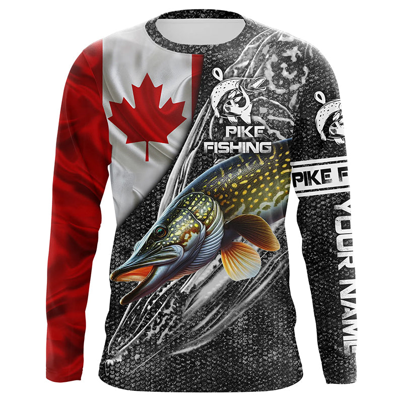 Canadian Flag Northern Pike Fishing skull Custom Long sleeve fishing j
