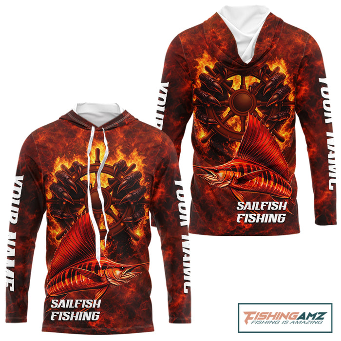 Red Sailfish Fishing Shirts Long Sleeve Hooded, Personalized Men's Fis