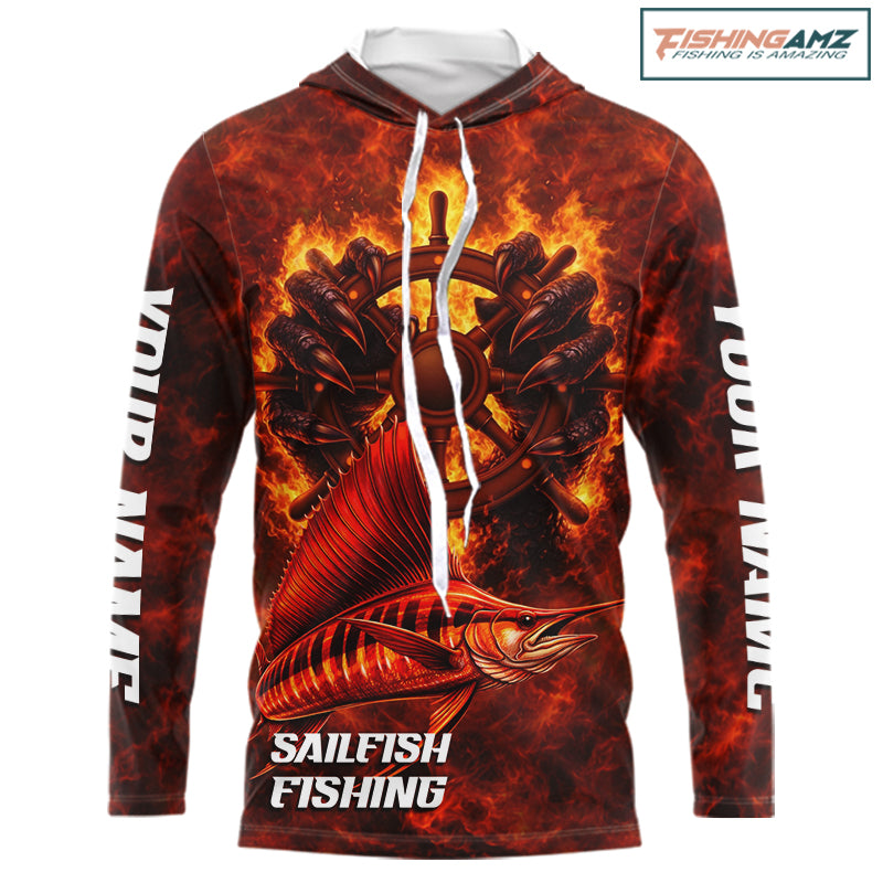 Red Sailfish Fishing Shirts Long Sleeve Hooded, Personalized Men's Fis