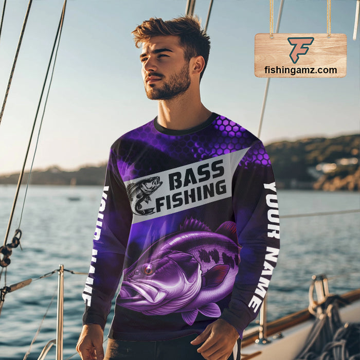Purple Largemouth Bass Long Sleeve Fishing Shirts, Custom Big Bass Fis