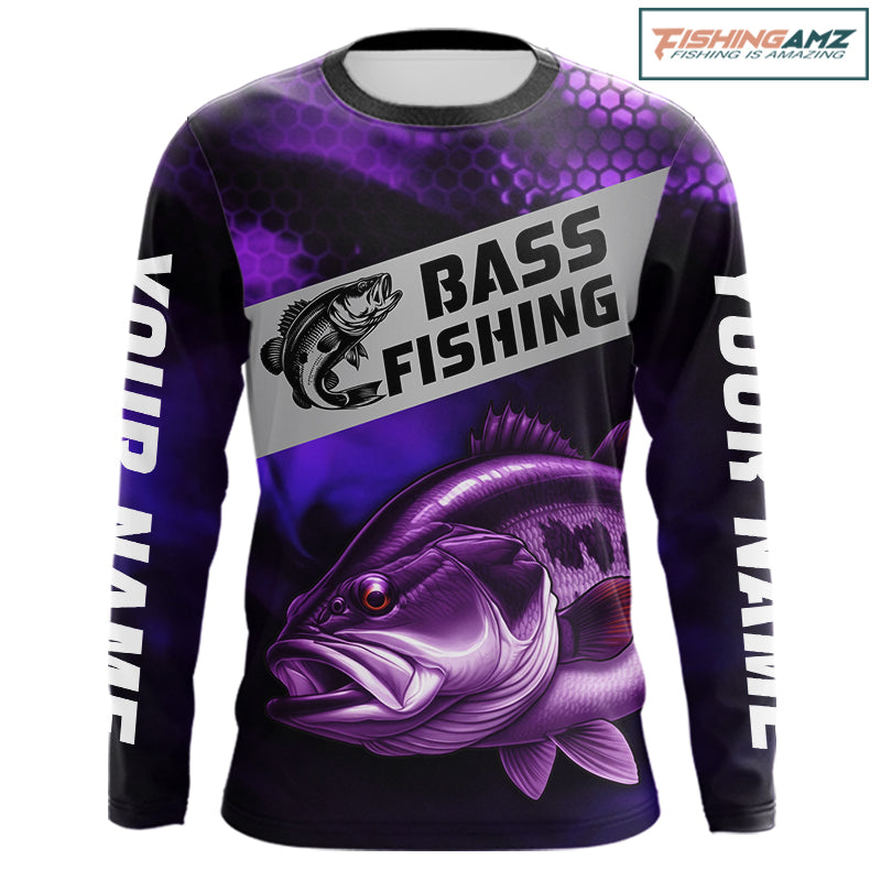 Purple Largemouth Bass Long Sleeve Fishing Shirts, Custom Big Bass Fis
